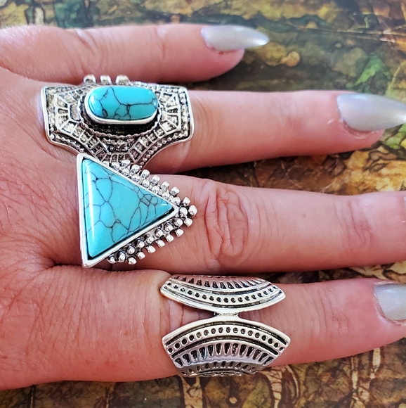 Jewelry | 3 Pc Turquoise Silvertone Boho Ring Set | Poshmark